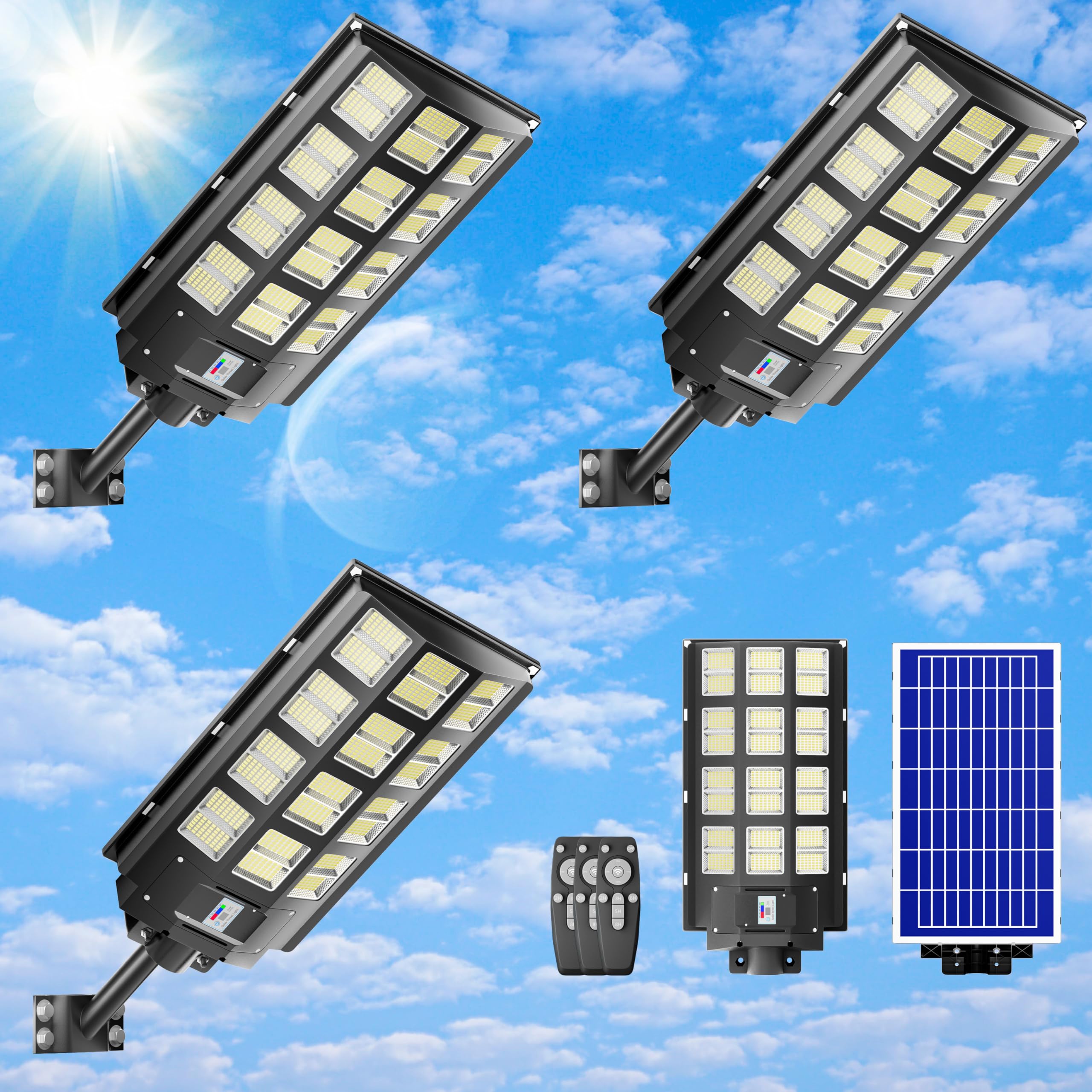 Vzyhik 3-Pack Solar Parking Lot Light - 4800W Solar Street Light 360000LM Dusk to Dawn Street Lights Solar Powered, IP67 Waterproof Solar Wide Angle Lamp with Motion Sensor for Yard, Road