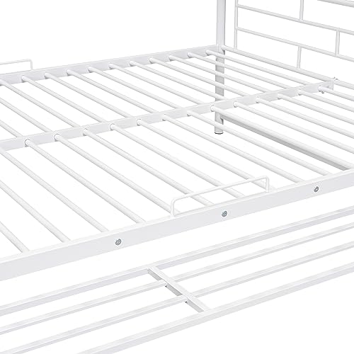 Merax Full Over Full Metal Bunk Bed Frame with Shelf and Guardrails for Bedroom for Boys Girls and Adult,White