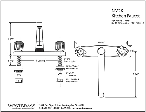 Westbrass NM2K-07 8" 2-Handle Acrylic Non-Metallic Kitchen Faucet, Satin Nickel