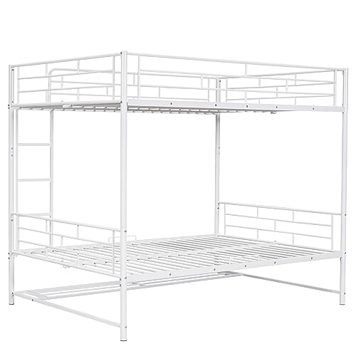 Merax Full Over Full Metal Bunk Bed Frame with Shelf and Guardrails for Bedroom for Boys Girls and Adult,White