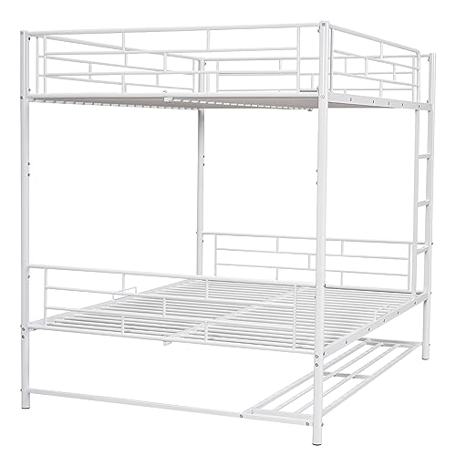 Merax Full Over Full Metal Bunk Bed Frame with Shelf and Guardrails for Bedroom for Boys Girls and Adult,White