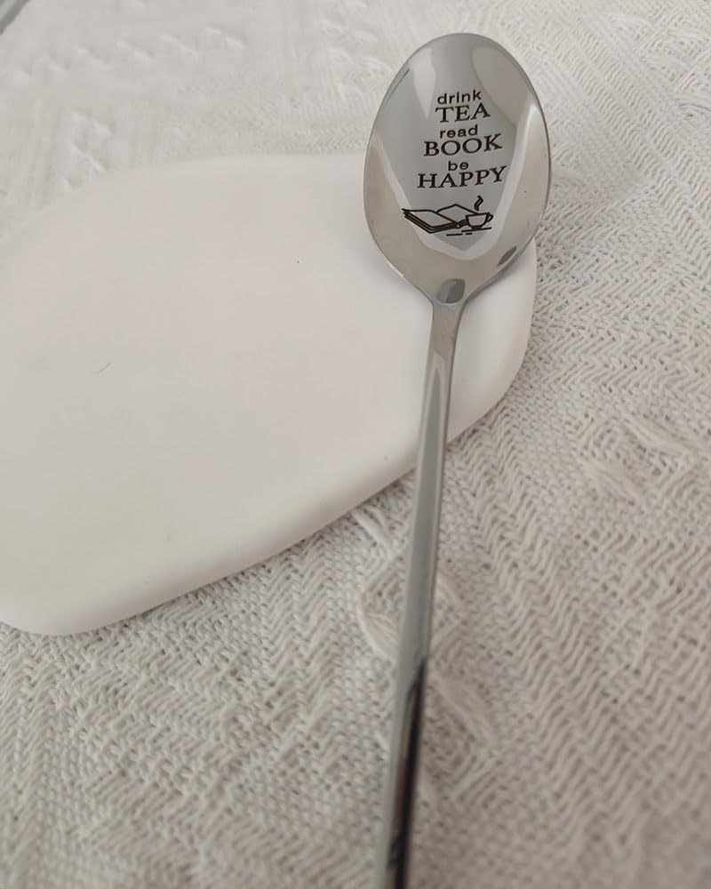 Tea Book Gifts Spoon for Women Men Drink Tea Read Book be Happy Spoon for Daughter Friends Tea Book Lover Gift for Teen Christmas Birthday Gifts for Tea Book Lover Spoons