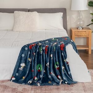 Berkshire Blanket Peanuts® Heavyweight Christmas Blanket,VelvetLoft® Cute Character Snoopy Plush Bed Blanket,Peanuts Best Chirstmas Icons Opened Up Navy,60 in x 70 in (Official Peanuts® Product)