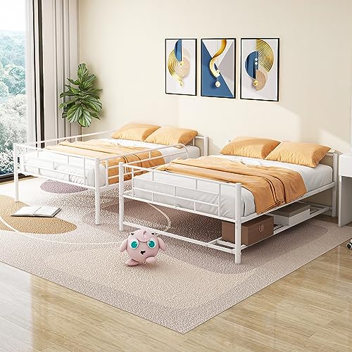 Merax Full Over Full Metal Bunk Bed Frame with Shelf and Guardrails for Bedroom for Boys Girls and Adult,White