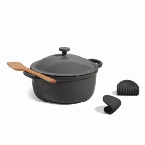 our place cast iron perfect pot | 6-in-1 multifunctional 5.5 qt. toxin-free enameled dutch oven with self-basting lid | hot grips & beechwood scraper | induction cooktop and oven safe | char