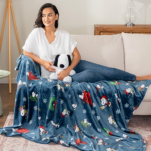 Berkshire Blanket Peanuts® Heavyweight Christmas Blanket,VelvetLoft® Cute Character Snoopy Plush Bed Blanket,Peanuts Best Chirstmas Icons Opened Up Navy,60 in x 70 in (Official Peanuts® Product)