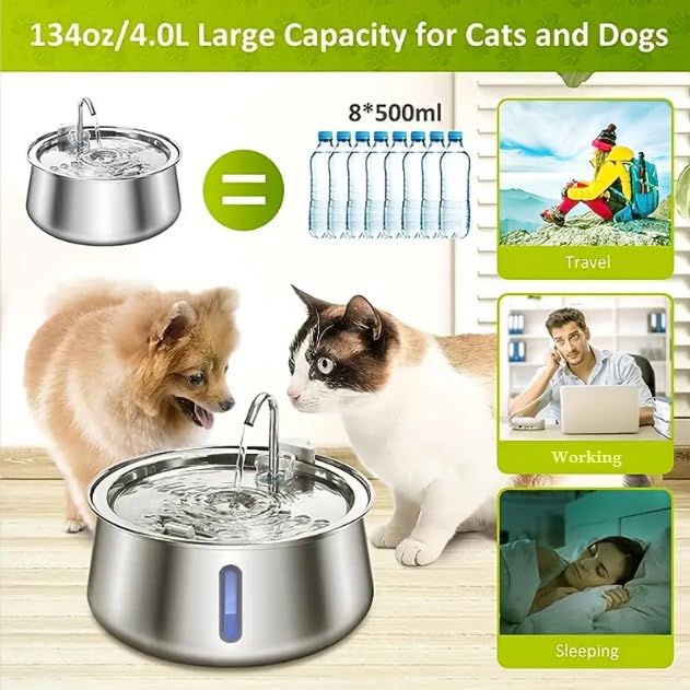 Cat Water Fountain,4L Automatic Stainless Steel Pet Fountain with LED Light Water Level Window,Dog Water Dispenser for Multiple Pets Drinking