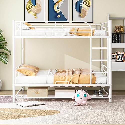 Merax Full Over Full Metal Bunk Bed Frame with Shelf and Guardrails for Bedroom for Boys Girls and Adult,White