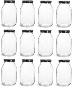 north mountain supply 32 ounce quart glass regular mouth mason canning jars - with black safety button lids - case of 12