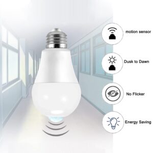 Motion Sensor Light Bulbs, 9W (60W Equivalent) A19 E26 5000K, Motion Detector Auto Activated Dusk to Dawn Security Bulbs, Outdoor/Indoor for Porch Garage Basement Hallway Closet (Daylight 2 Pack)