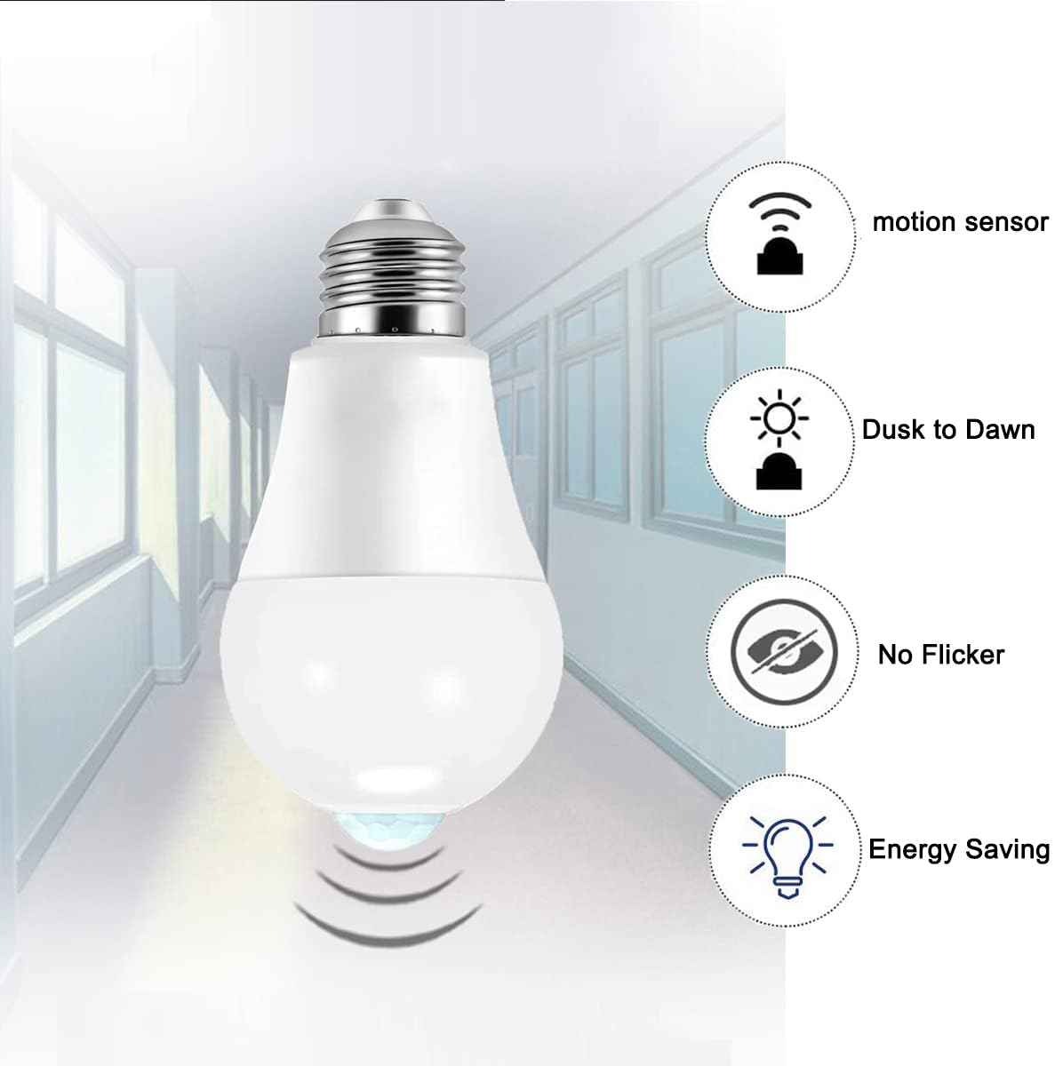 Motion Sensor Light Bulbs, 9W (60W Equivalent) A19 E26 5000K, Motion Detector Auto Activated Dusk to Dawn Security Bulbs, Outdoor/Indoor for Porch Garage Basement Hallway Closet (Daylight 2 Pack)