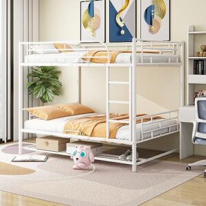 merax full over full metal bunk bed frame with shelf and guardrails for bedroom for boys girls and adult,white