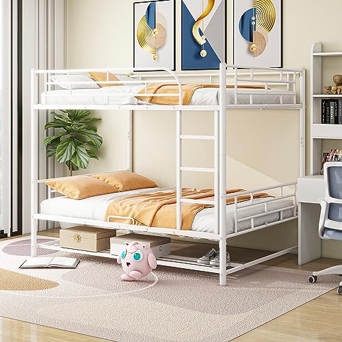 Merax Full Over Full Metal Bunk Bed Frame with Shelf and Guardrails for Bedroom for Boys Girls and Adult,White