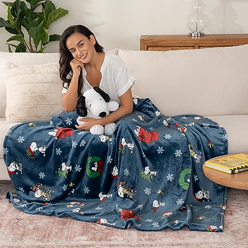 Berkshire Blanket Peanuts® Heavyweight Christmas Blanket,VelvetLoft® Cute Character Snoopy Plush Bed Blanket,Peanuts Best Chirstmas Icons Opened Up Navy,60 in x 70 in (Official Peanuts® Product)