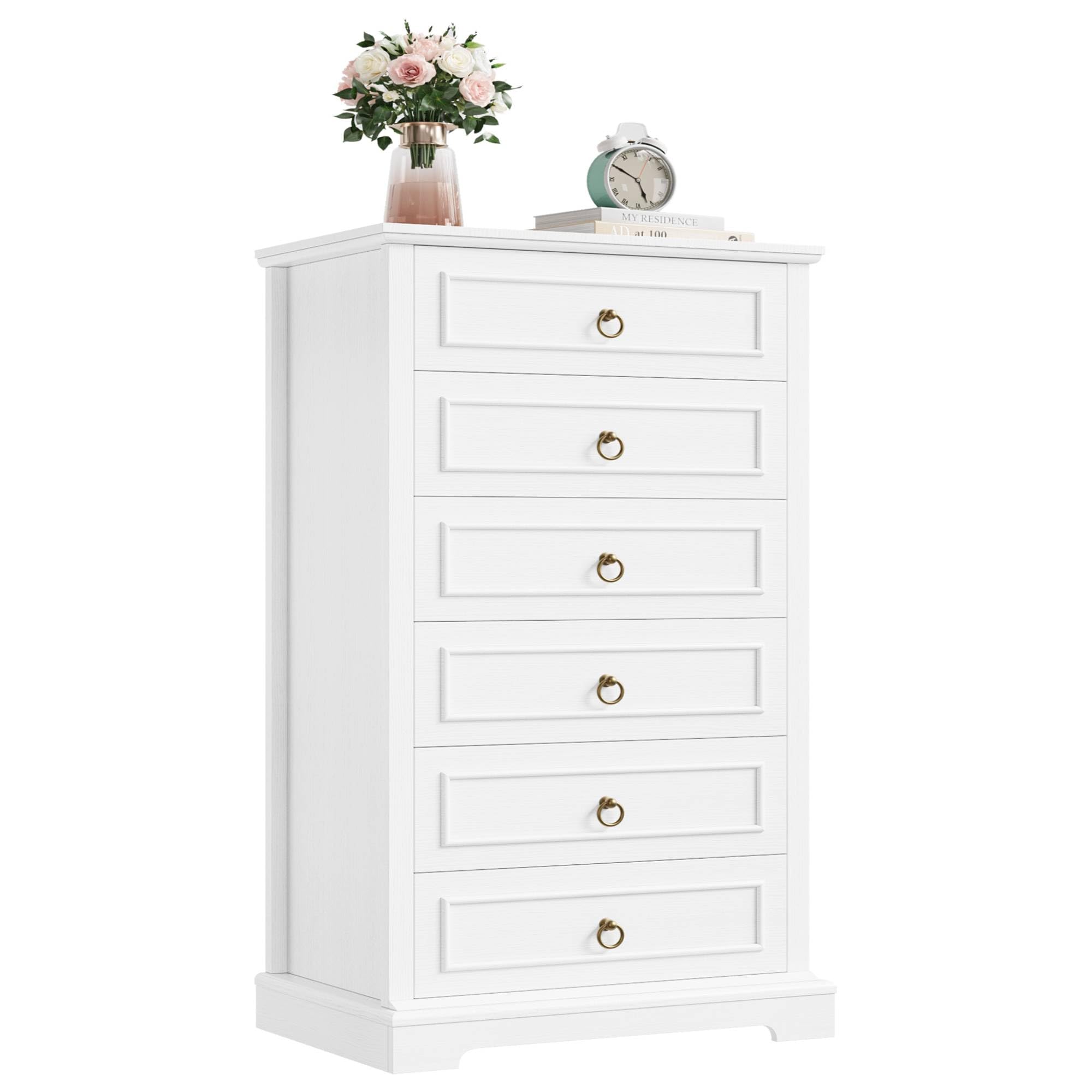 HOSTACK 6 Drawer White Dresser, 52" Tall Dresser, Vertical Dresser, Modern Farmhouse Chest of Drawers, Wood Closet Dresser Storage Dresser Chest for Living Room, Hallway, Entryway