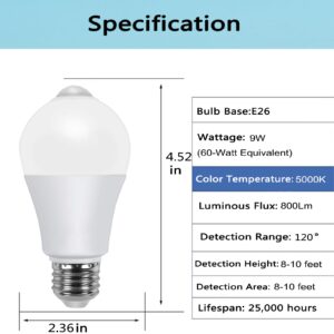 Motion Sensor Light Bulbs, 9W (60W Equivalent) A19 E26 5000K, Motion Detector Auto Activated Dusk to Dawn Security Bulbs, Outdoor/Indoor for Porch Garage Basement Hallway Closet (Daylight 2 Pack)