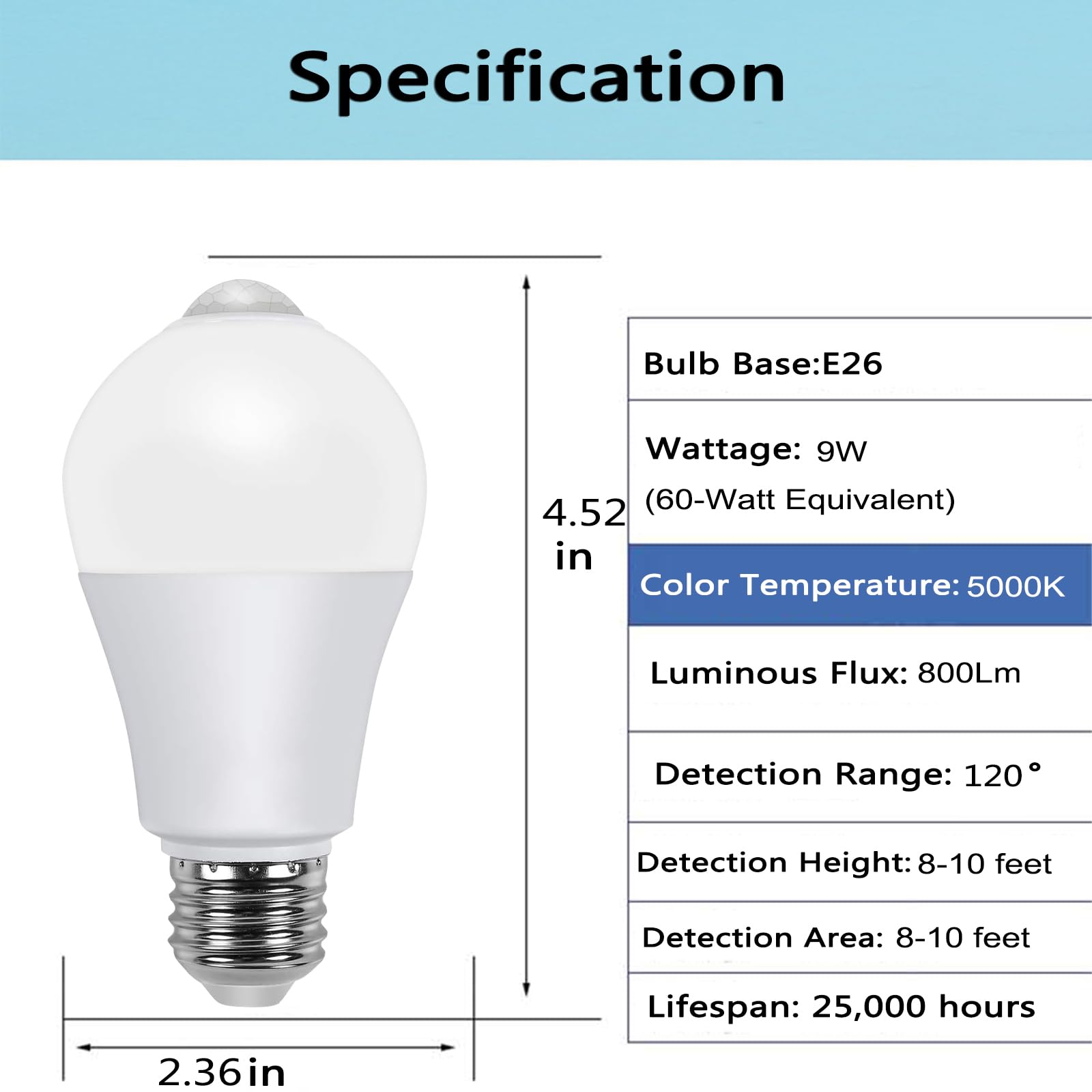 Motion Sensor Light Bulbs, 9W (60W Equivalent) A19 E26 5000K, Motion Detector Auto Activated Dusk to Dawn Security Bulbs, Outdoor/Indoor for Porch Garage Basement Hallway Closet (Daylight 2 Pack)