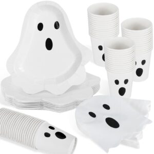 fuutreo 96 pcs halloween ghost party tableware supplies including 48 pcs halloween guest napkins 24 pcs ghost shaped plates 24 pcs 9 oz disposable ghost paper cups serve for 24 guests halloween party