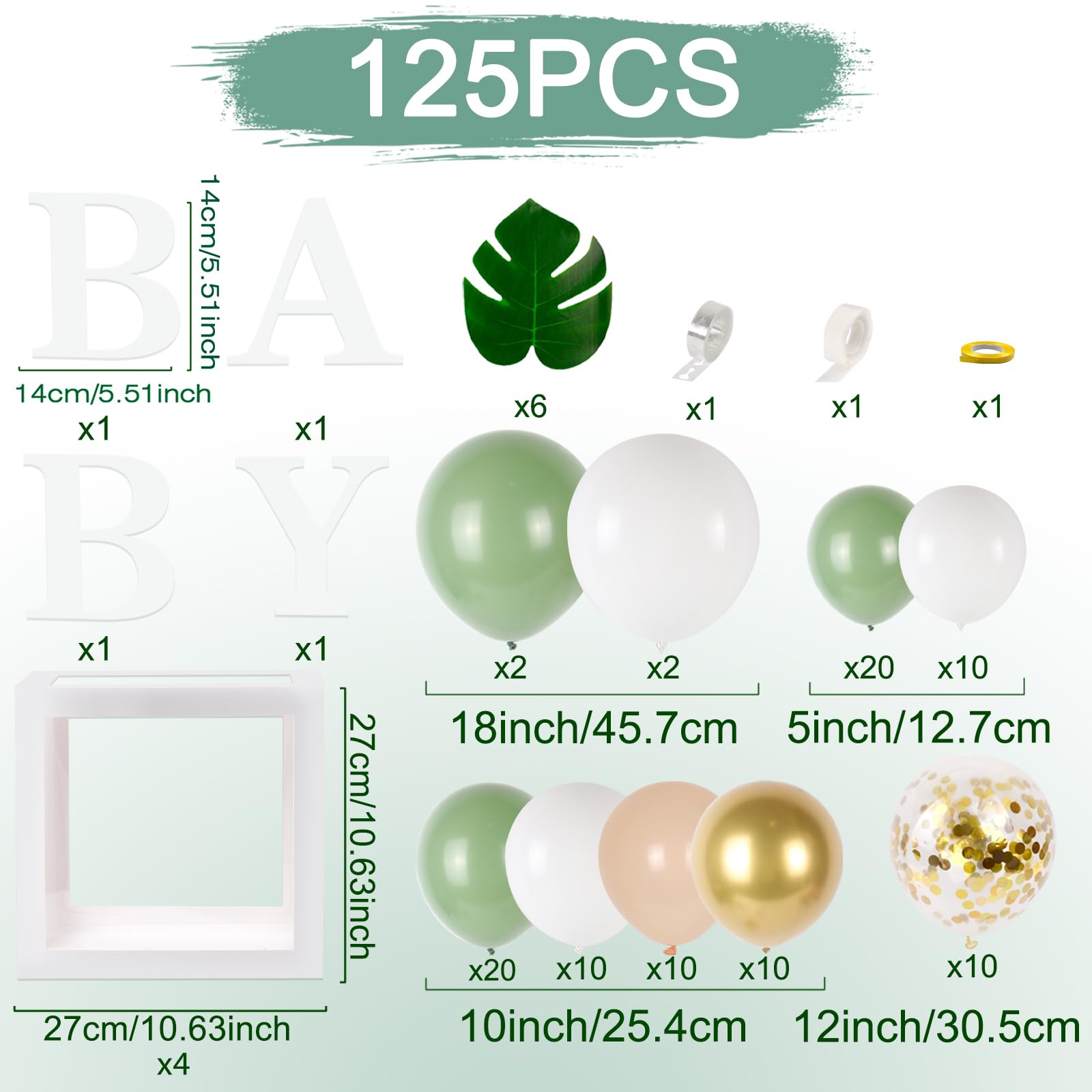 Sage Green Baby Shower Decorations - 4pcs Baby Boxes with Letters for Baby Shower,117pcs Sage Green and White Balloon Arch Kit for Safari Baby Shower Decor,Woodland Birthday Party Decorations