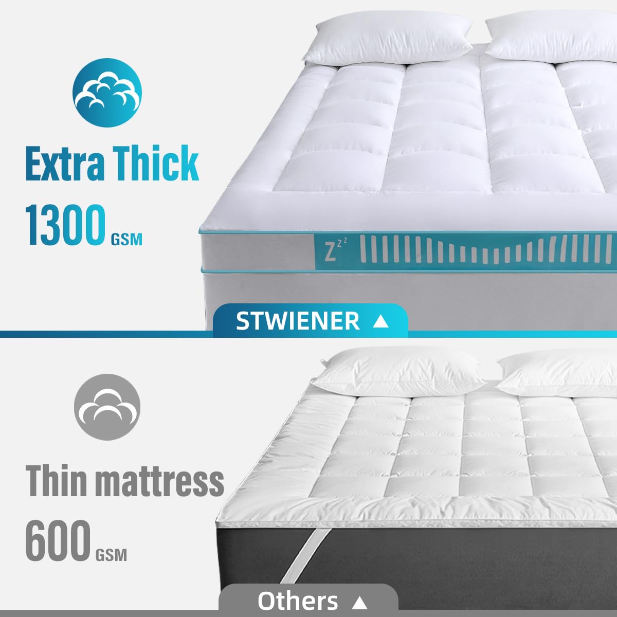 Extra Thick Mattress Topper King Size, Pillow top Mattress Pads Cover for Ultimate Comfort, Overfilled 1300 GSM Down Alternative Filling with 8-21 Inch Deep Pocket (78x80 in,White)