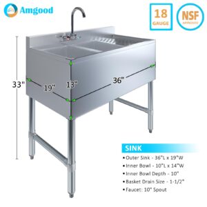 AmGood 2 Compartment Under Bar Sink With 12" Right Drainboard and Faucet - 36" X 18 3/4". NSF. Commercial Two Bowl Under Bar Sink