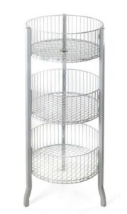 only hangers 3 tier wire basket display rack, floor standing, round bins, metal frame - white