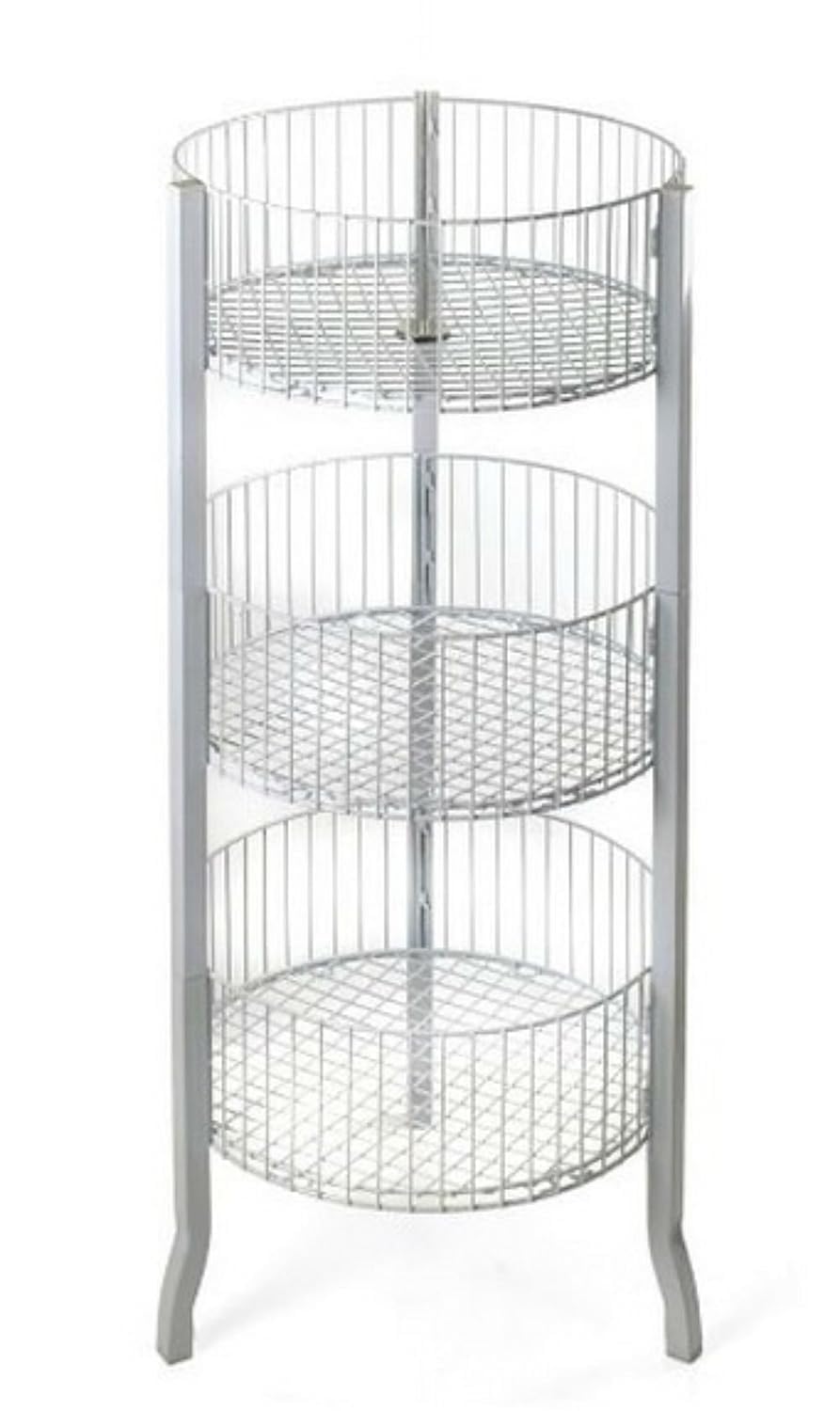 Only Hangers 3 Tier Wire Basket Display Rack, Floor Standing, Round Bins, Metal Frame - White