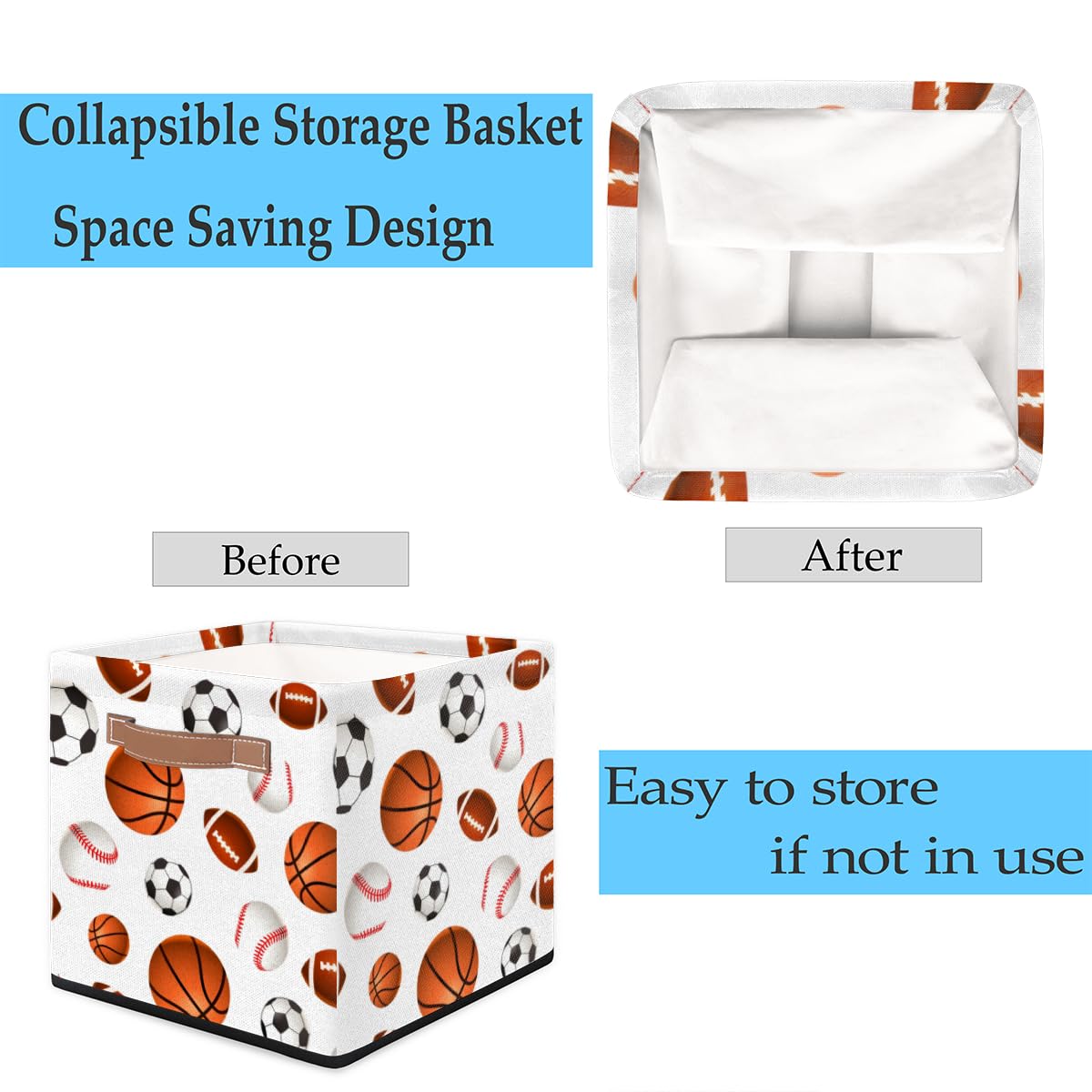 KOBLEN Sports Ball Print Square Storage Basket Collapsible Storage Box Clothes Basket 13x13 Inch Large Cube Storage Bin With PU Leather Handle for Home Office Closet Shelves