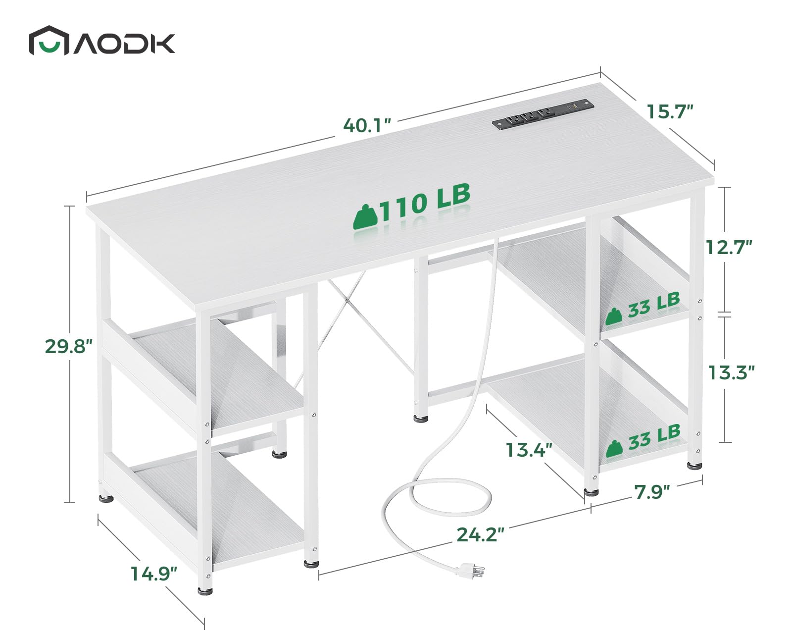 AODK 40 Inch Small Writing Desk with Power Outlets & USB Charging Port, Computer Desk for Small Spaces Home Office, Student Laptop PC Desks with Storage Shelves, Kids Desk, White