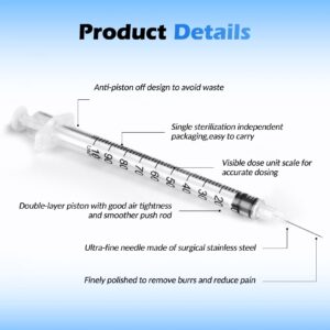 CAILOS 1ml 30 Gauge Syringes 1cc 1/2 Inch 13mm Lab Disposable Supplies for Refilling or Dispensing, Pack of 100