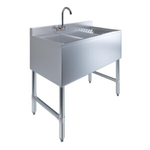 amgood 2 compartment under bar sink with 12" right drainboard and faucet - 36" x 18 3/4". nsf. commercial two bowl under bar sink