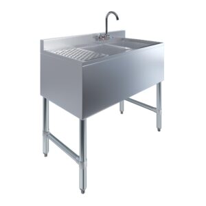 amgood 2 compartment under bar sink with 12" left drainboard and faucet - 36" x 18 3/4". nsf. commercial two bowl under bar sink