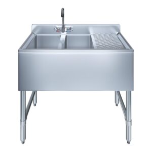 AmGood 2 Compartment Under Bar Sink With 12" Right Drainboard and Faucet - 36" X 18 3/4". NSF. Commercial Two Bowl Under Bar Sink