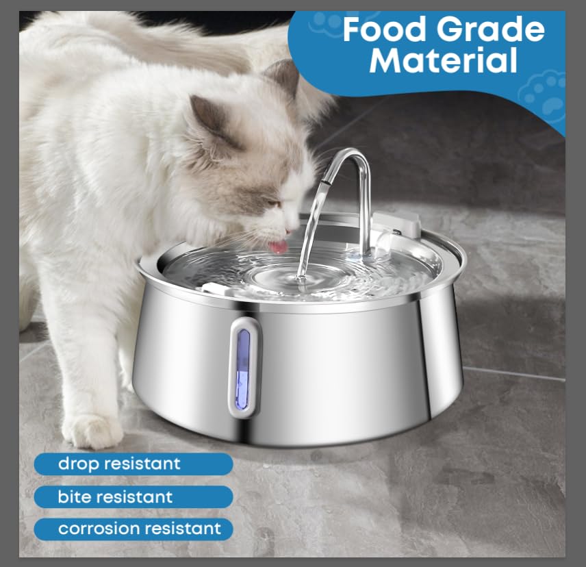 Cat Water Fountain,4L Automatic Stainless Steel Pet Fountain with LED Light Water Level Window,Dog Water Dispenser for Multiple Pets Drinking