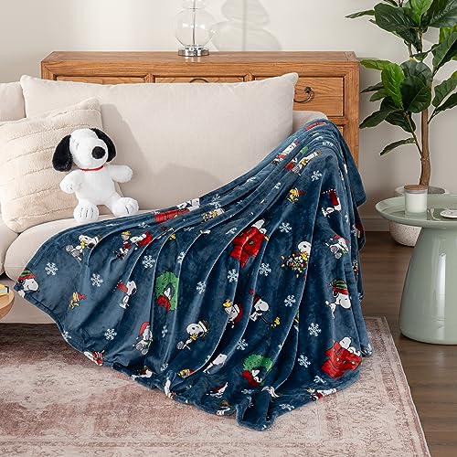 Berkshire Blanket Peanuts® Heavyweight Christmas Blanket,VelvetLoft® Cute Character Snoopy Plush Bed Blanket,Peanuts Best Chirstmas Icons Opened Up Navy,60 in x 70 in (Official Peanuts® Product)