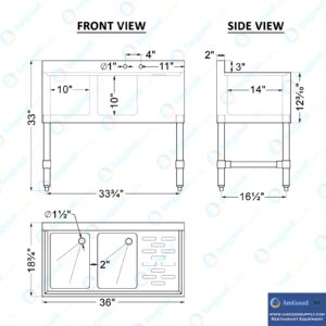 AmGood 2 Compartment Under Bar Sink With 12" Right Drainboard and Faucet - 36" X 18 3/4". NSF. Commercial Two Bowl Under Bar Sink