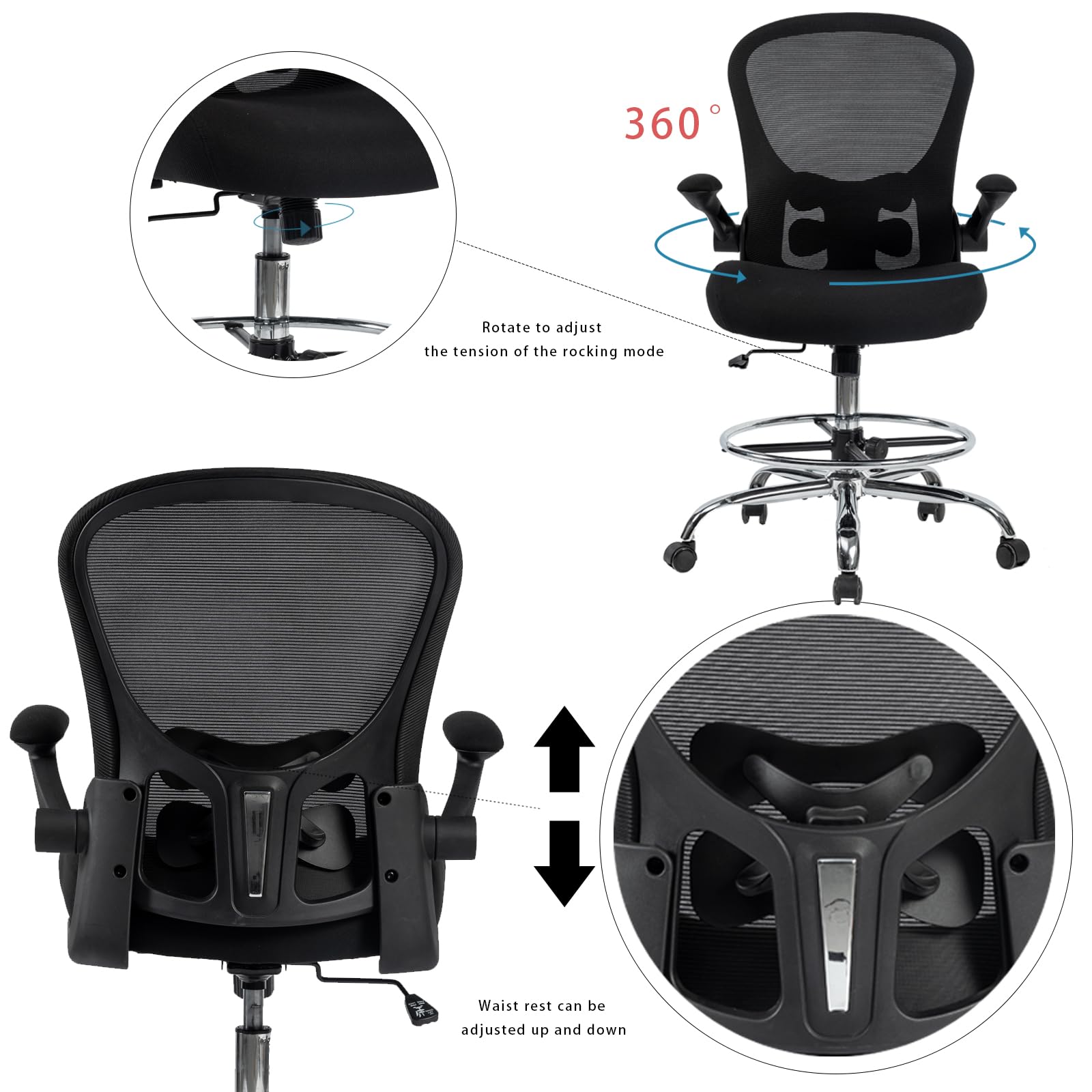 TLLMOON Classroom Chair Ergonomic Mesh Office Chair with 2D Armrests,Up&Down/Front&Rear Lumbar Support Swivel High Back Computer Chair with Adjustable Flip-up Armrests.