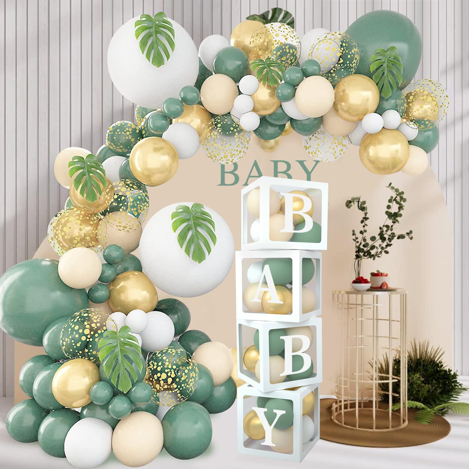 Sage Green Baby Shower Decorations - 4pcs Baby Boxes with Letters for Baby Shower,117pcs Sage Green and White Balloon Arch Kit for Safari Baby Shower Decor,Woodland Birthday Party Decorations