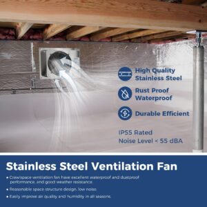 ALORAIR 780CFM Crawlspace Ventilation Fan with Humidistat, IP55 Rated Basement Stainless Steel Exhaust Fan, Built-In Isolation Net 9.13 Inch Foundation Vent Fan for Crawl Space,Garage,Attic,Grow Tent