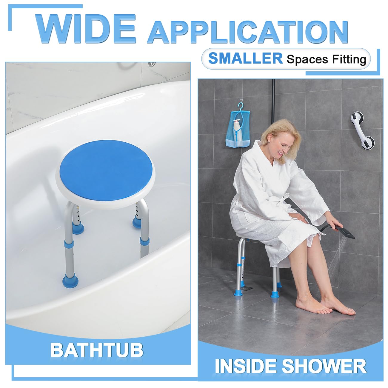 SOUHEILO Adjustable Shower Chair for Inside Shower, HSA/FSA Eligible Round Shower Stool for Inside Bathtub with Assist Grab Bar/Toiletry Bag, Tool-Free Shower Seat for Elderly/Senior/Disabled/Pregnant