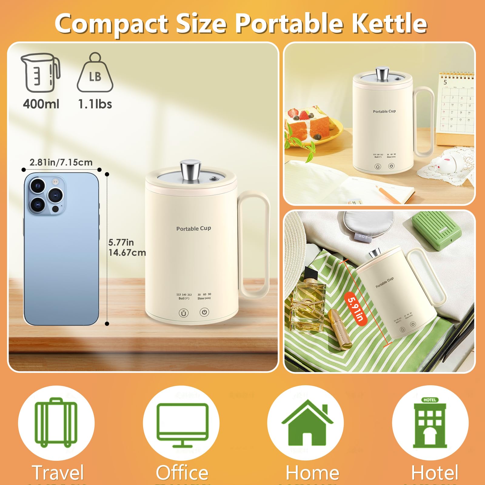 Portable Electric Kettle Travel Small Stew Pot Mini Cooker Personal Health Cup,Water Boiler with Temperature Control,Timer, Auto Shut Off & Boil Dry Protection, BPA Free (400ml)