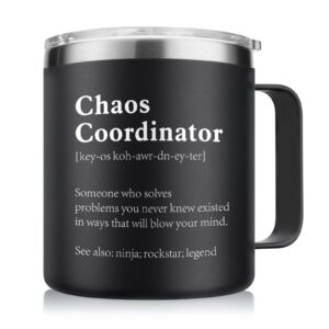 nowwish christmas gifts for men boss coworker teacher friend - chaos coordinator mug - white elephant,birthday, funny gifts for men, 14oz black