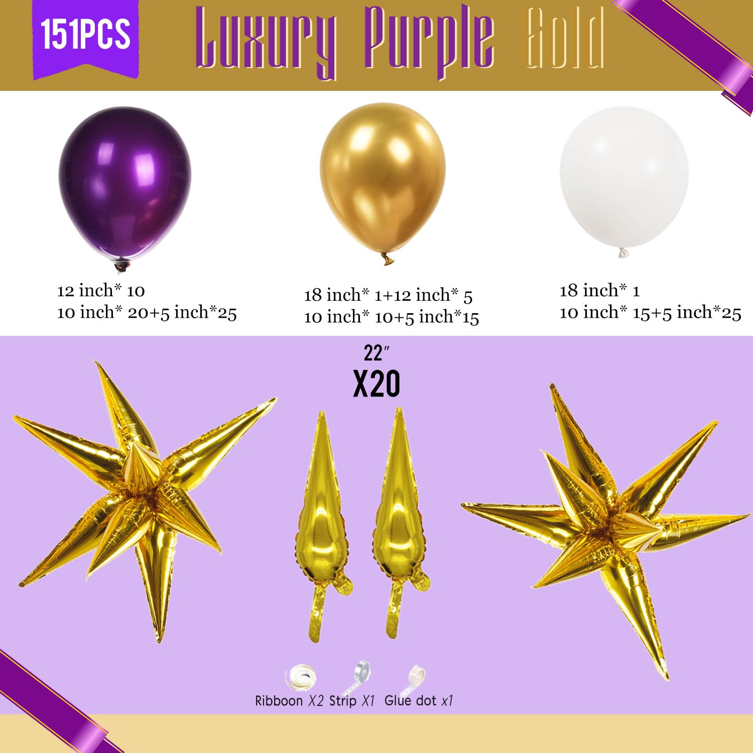 Royal Purple and Gold balloon Garland Arch Kit 140Pcs double stuffed chrome Royal Purple & Starburst balloons for Girl 15/16th Birthday decorations women retirement Graduation Prom supplies