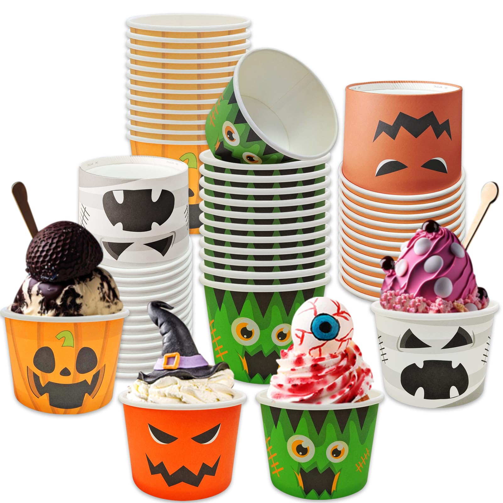 CIEOVO 48 Packs 9 oz Halloween Party Paper Ice Cream Cups Disposable Halloween Ghost Face Bowls Snack Cups Containers Dessert Bowls for Birthday Halloween Trick or Treat Party Decoration