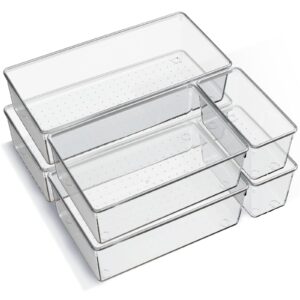 6 pack large clear plastic drawer organizer trays, acrylic kitchen drawer organization and storage dividers, non-slip storage bins for makeup, kitchen utensils, bathroom, jewelries and office desk