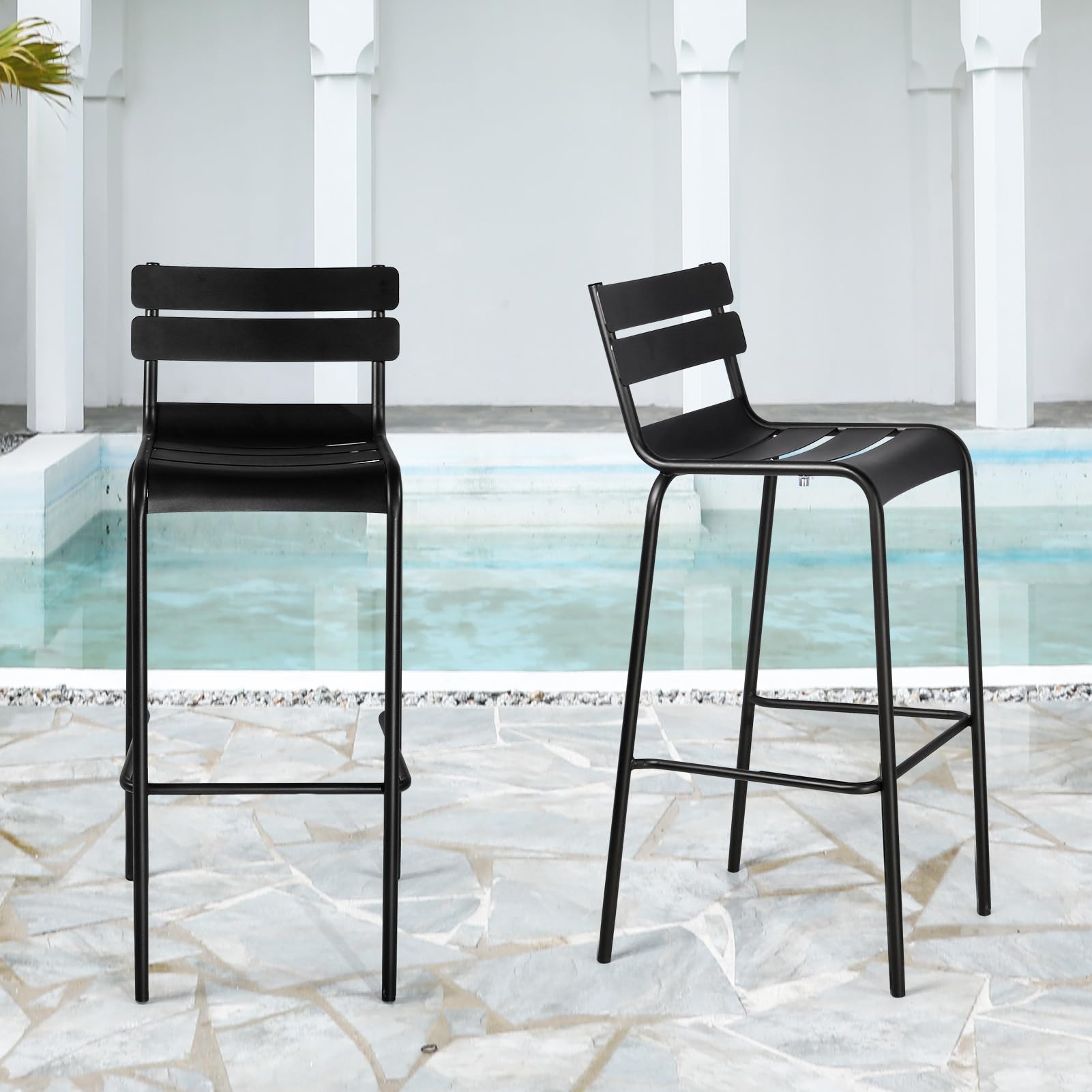 BOKKOLIK Metal Bar Stools with Backrest Extra Tall Patio Chairs Modern Cafe Chair for Outdoor Indoor Kitchen Dining Stool 31.4inch Seat Height (Set of 2) (Black)