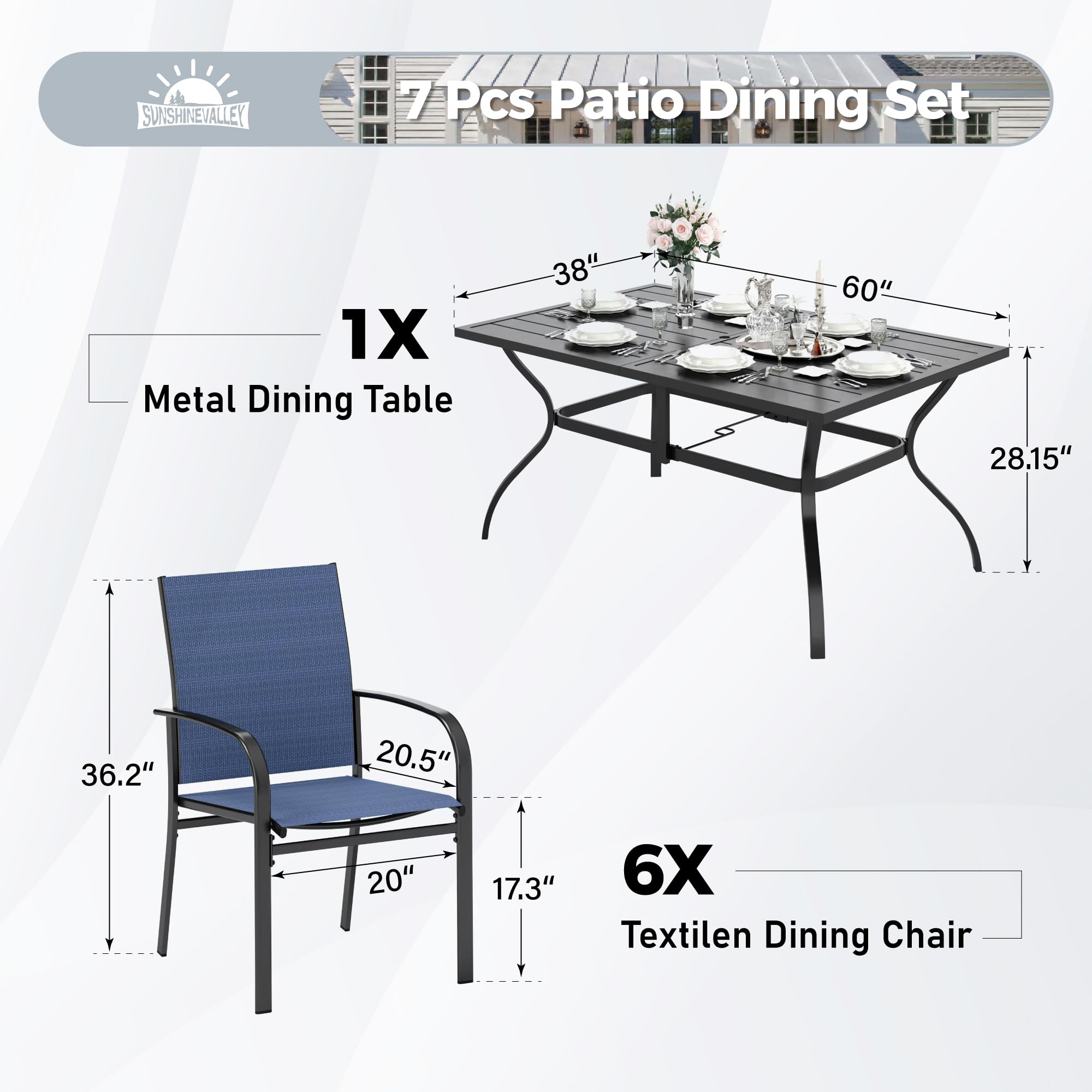 SUNSHINE VALLEY 7 Piece Patio Dining Set for 6, Rectangular Steel Dining Table with Umbrella Hole and 6 Chairs, Outdoor Table and Chairs Set for Lawn Backyard and Deck, Blue