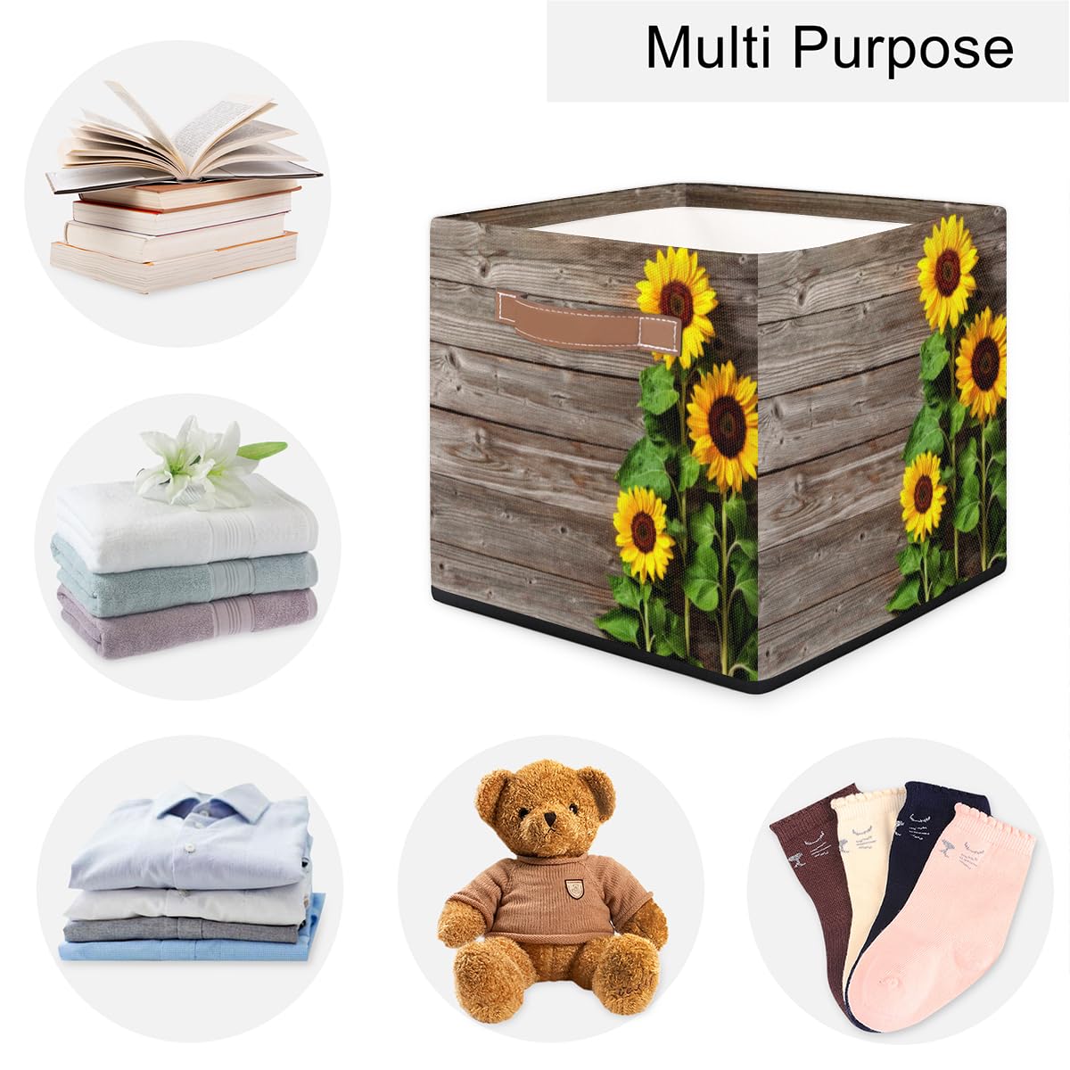 KOBLEN Sunflower Wooden Print Square Storage Basket Collapsible Storage Box Clothes Basket 13x13 Inch Large Cube Storage Bin With PU Leather Handle for Home Office Closet Shelves