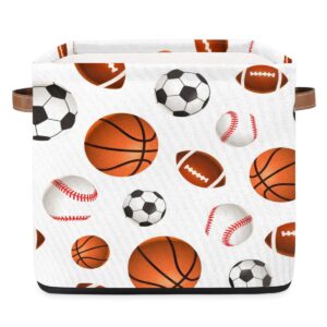 koblen sports ball print square storage basket collapsible storage box clothes basket 13x13 inch large cube storage bin with pu leather handle for home office closet shelves