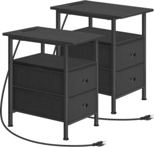 hoobro end table set of 2 with charging station, narrow side tables, narrow nightstand with 2 non-woven drawers, slim sofa table, for small spaces, living room, bedroom, black bb486ubzp201